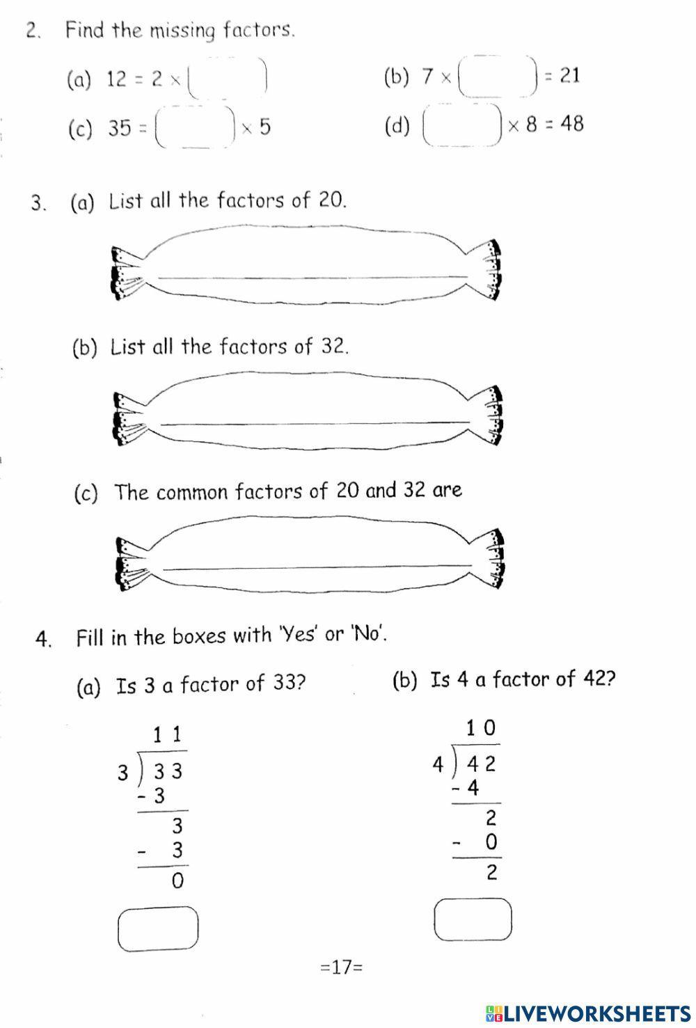 Factors (new) worksheet | Live Worksheets