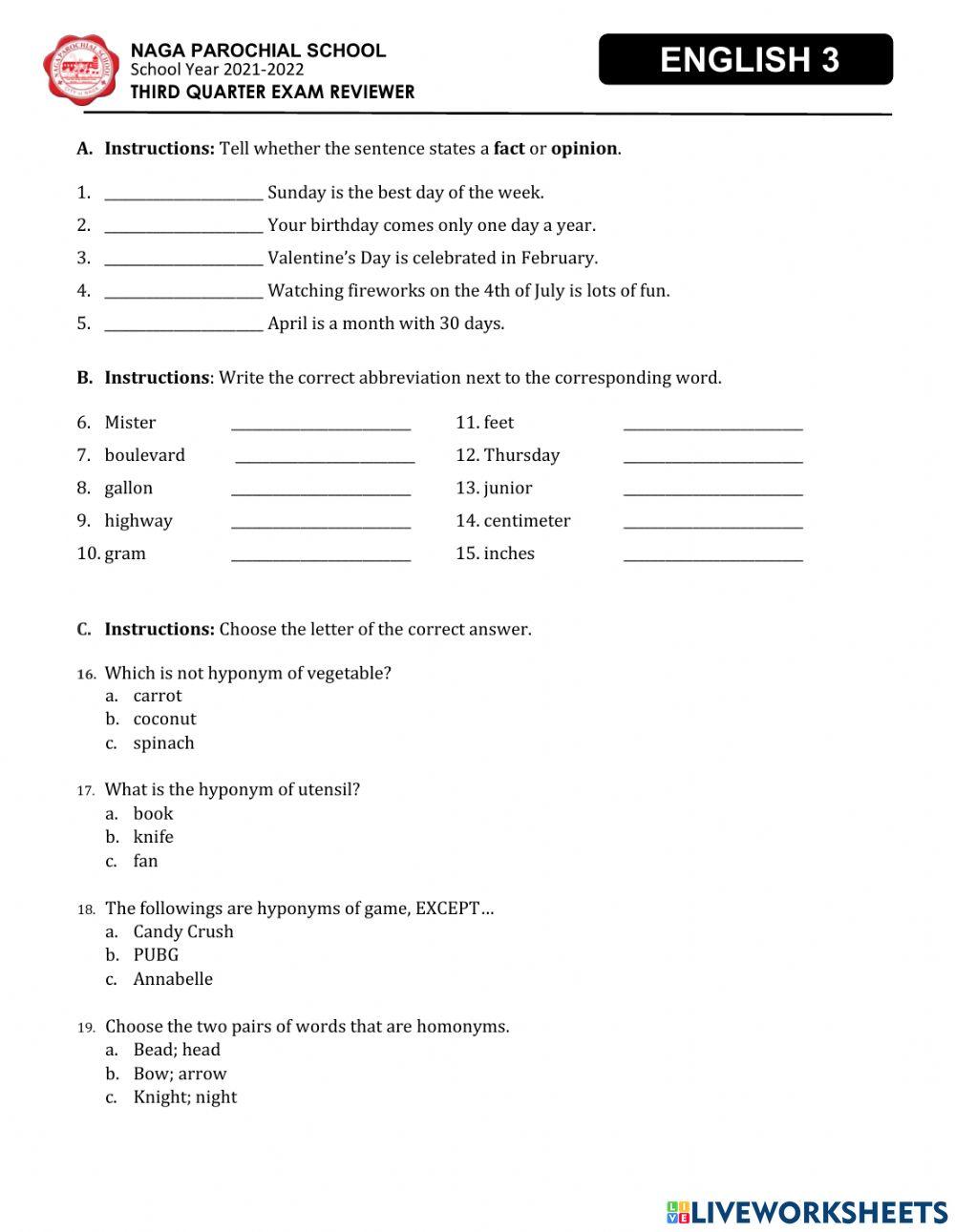 ENG.3-Exam Reviewer activity | Live Worksheets