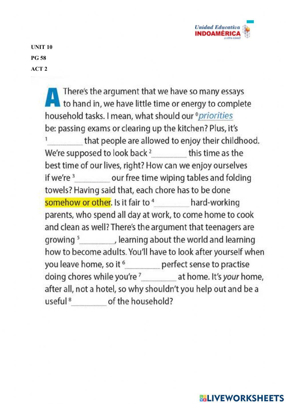 2do -unit 10 pg 58 READING worksheet | Live Worksheets