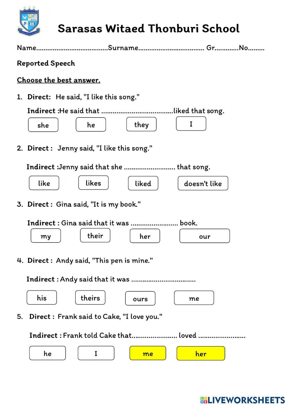 Test reported speech online exercise for | Live Worksheets