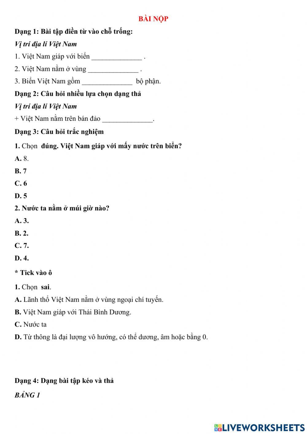 Bai tap nop worksheet | Live Worksheets