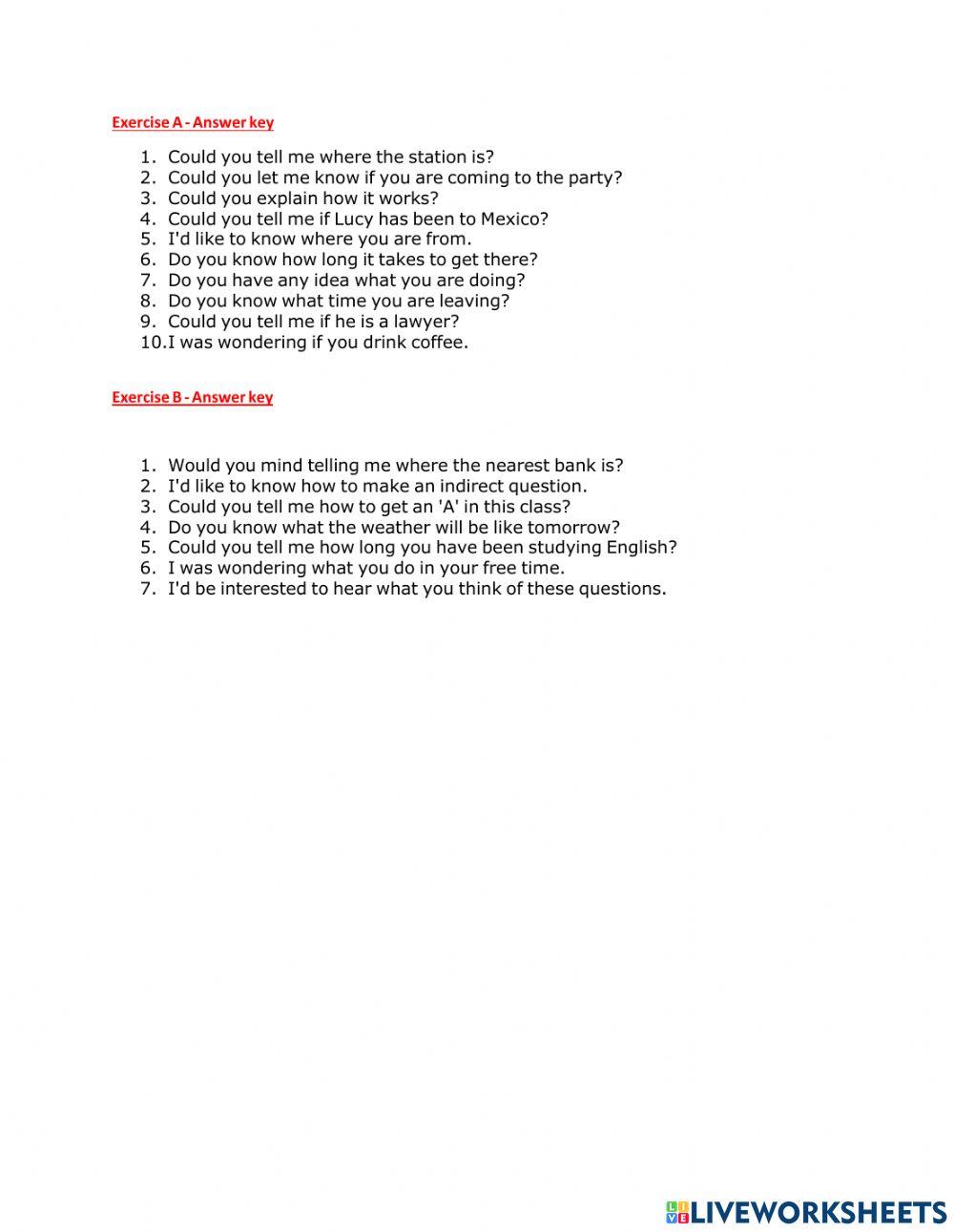 Indirect questions online exercise for | Live Worksheets