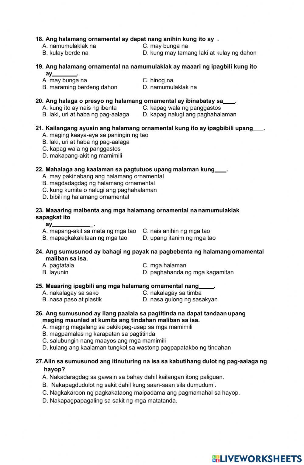 LEARNING ASSESSMENT SHEET-EPP 4-2ND QUARTER online exercise for | Live ...