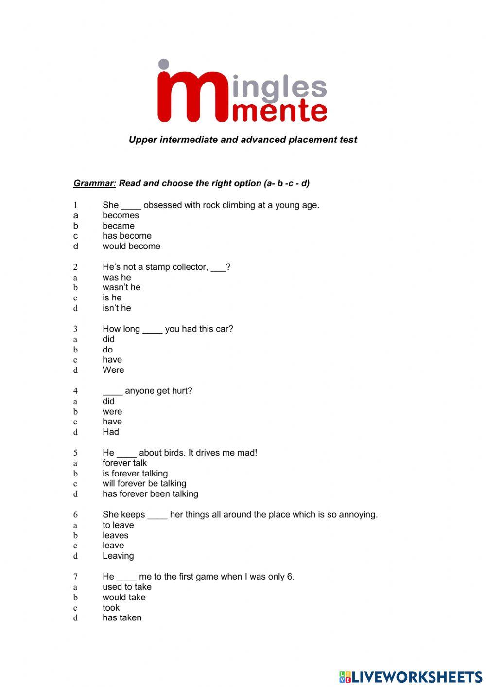 Upper Intermediate and advanced placement test 0817