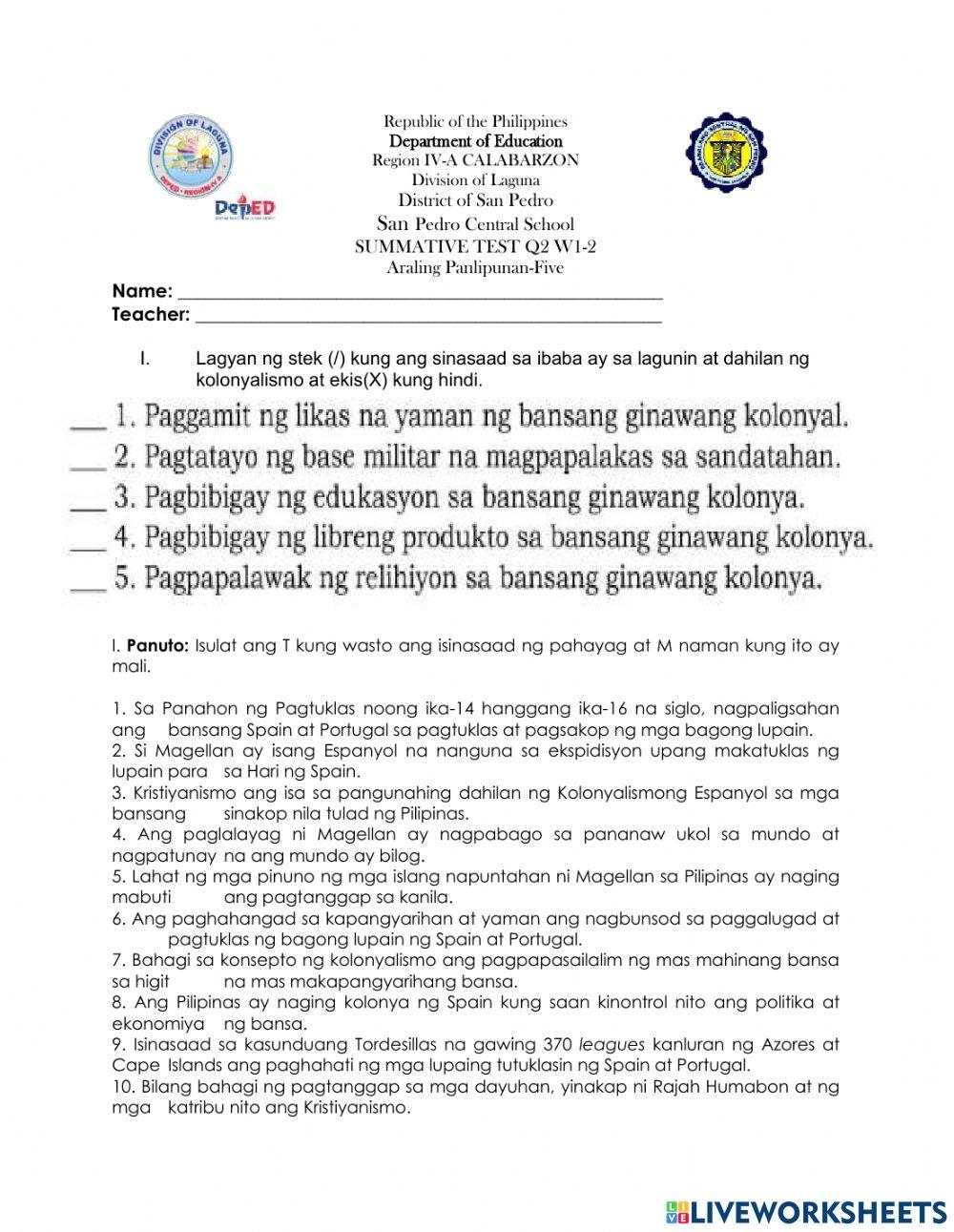 Summative test in ap q2 w1-2 worksheet | Live Worksheets