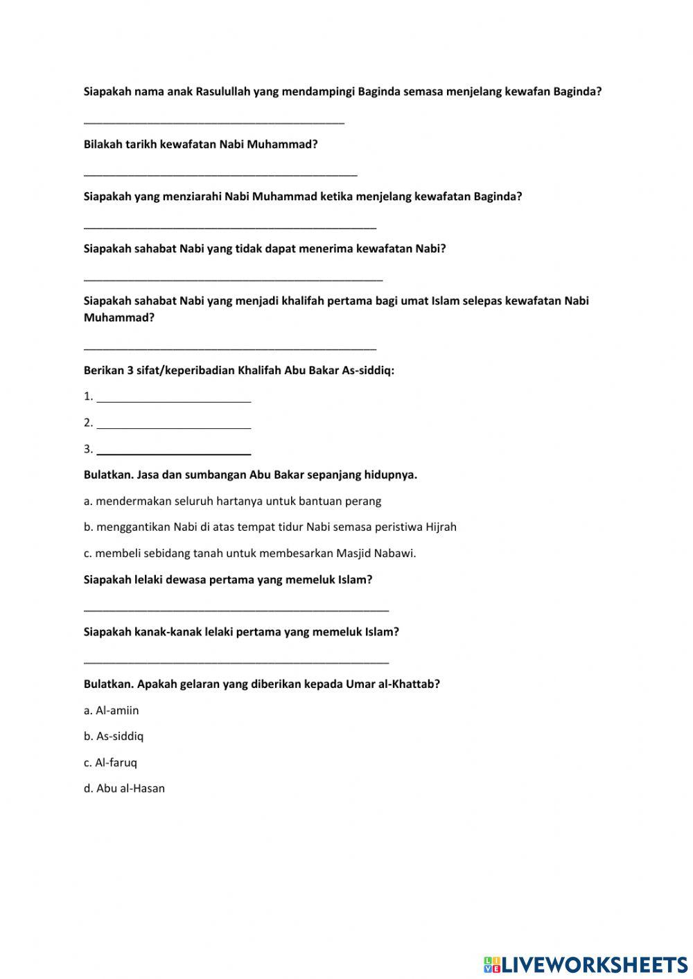 Kewafatan Nabi Muhammad dan khalifah Islam worksheet | Live Worksheets