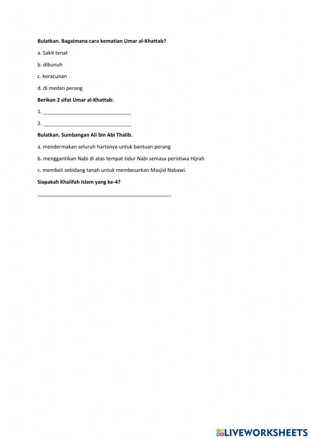 Kewafatan Nabi Muhammad dan khalifah Islam worksheet | Live Worksheets