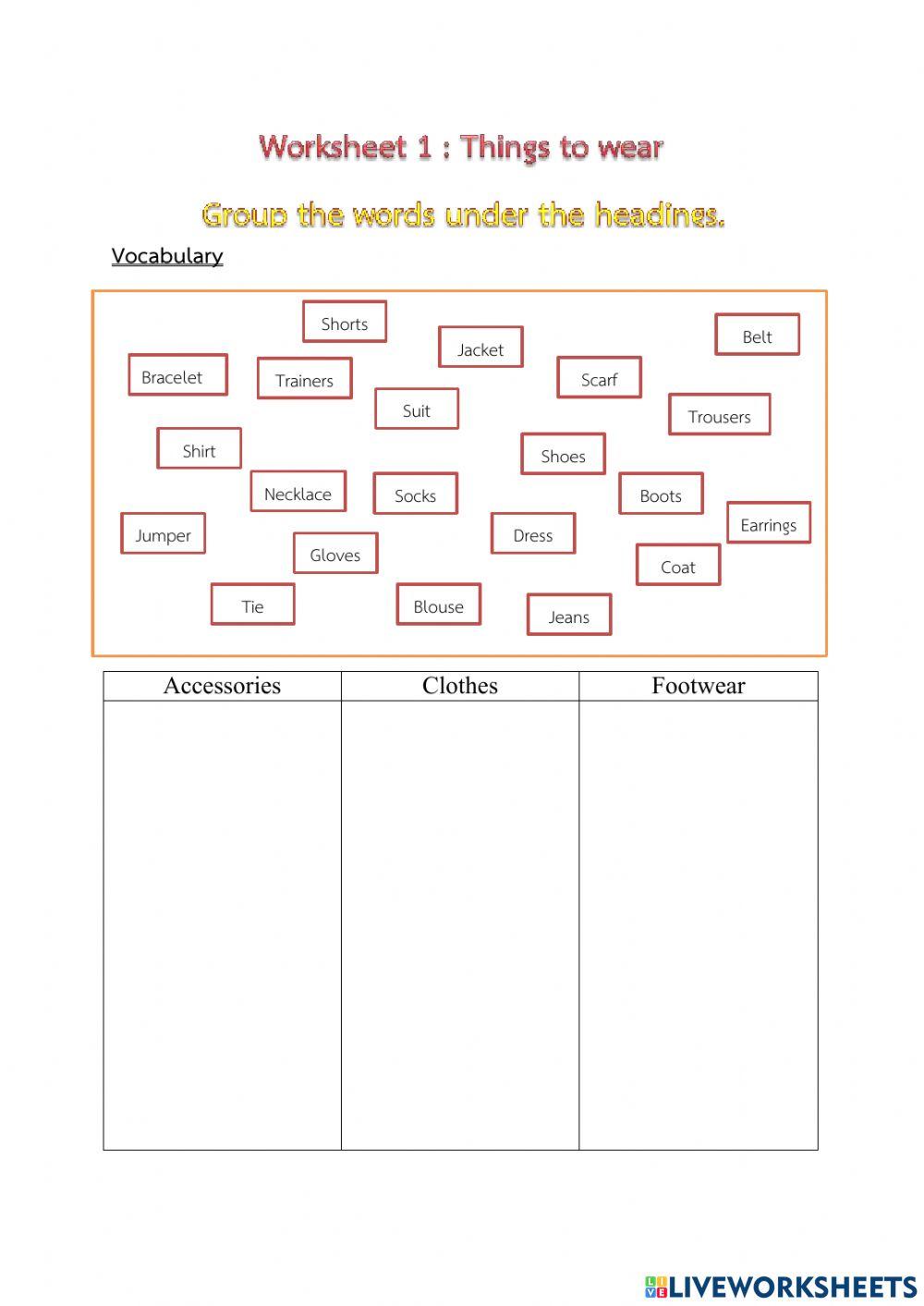 Things to wear V.1 worksheet | Live Worksheets