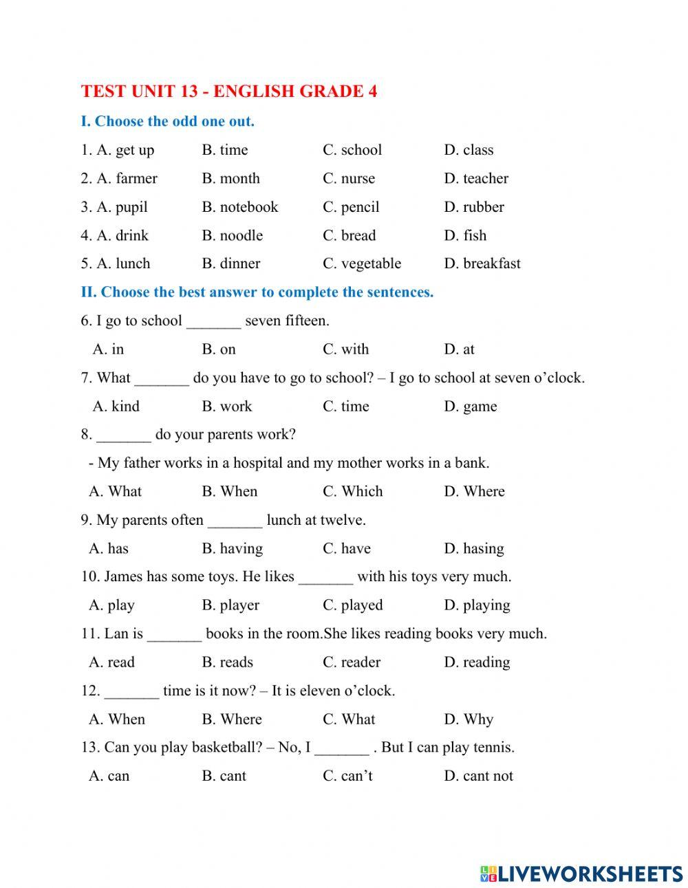 Test unit 13- grade 4 worksheet | Live Worksheets
