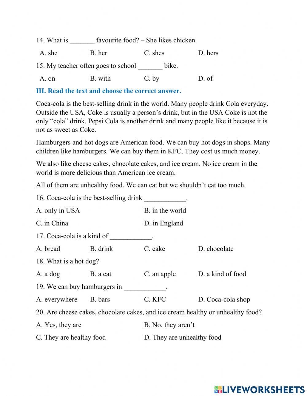 Test unit 13- grade 4 worksheet | Live Worksheets