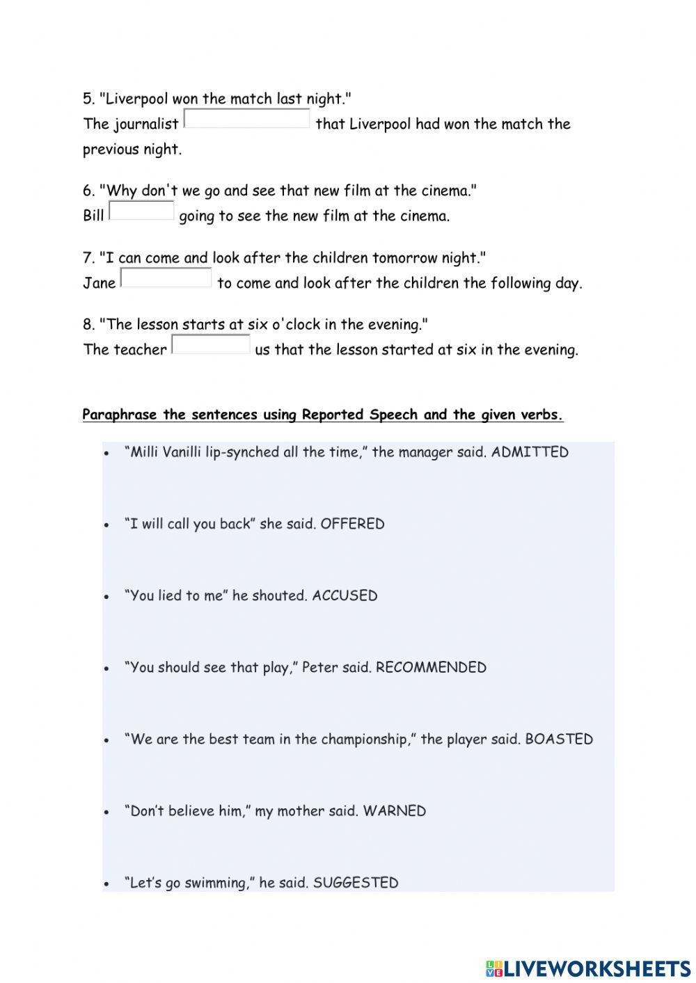 Reported Speech… | Free Interactive Worksheets | 1859065