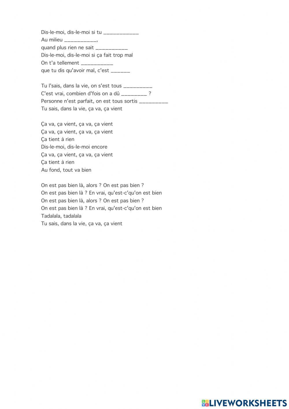 vitaa - slimane - ça va ça vient online exercise for | Live Worksheets