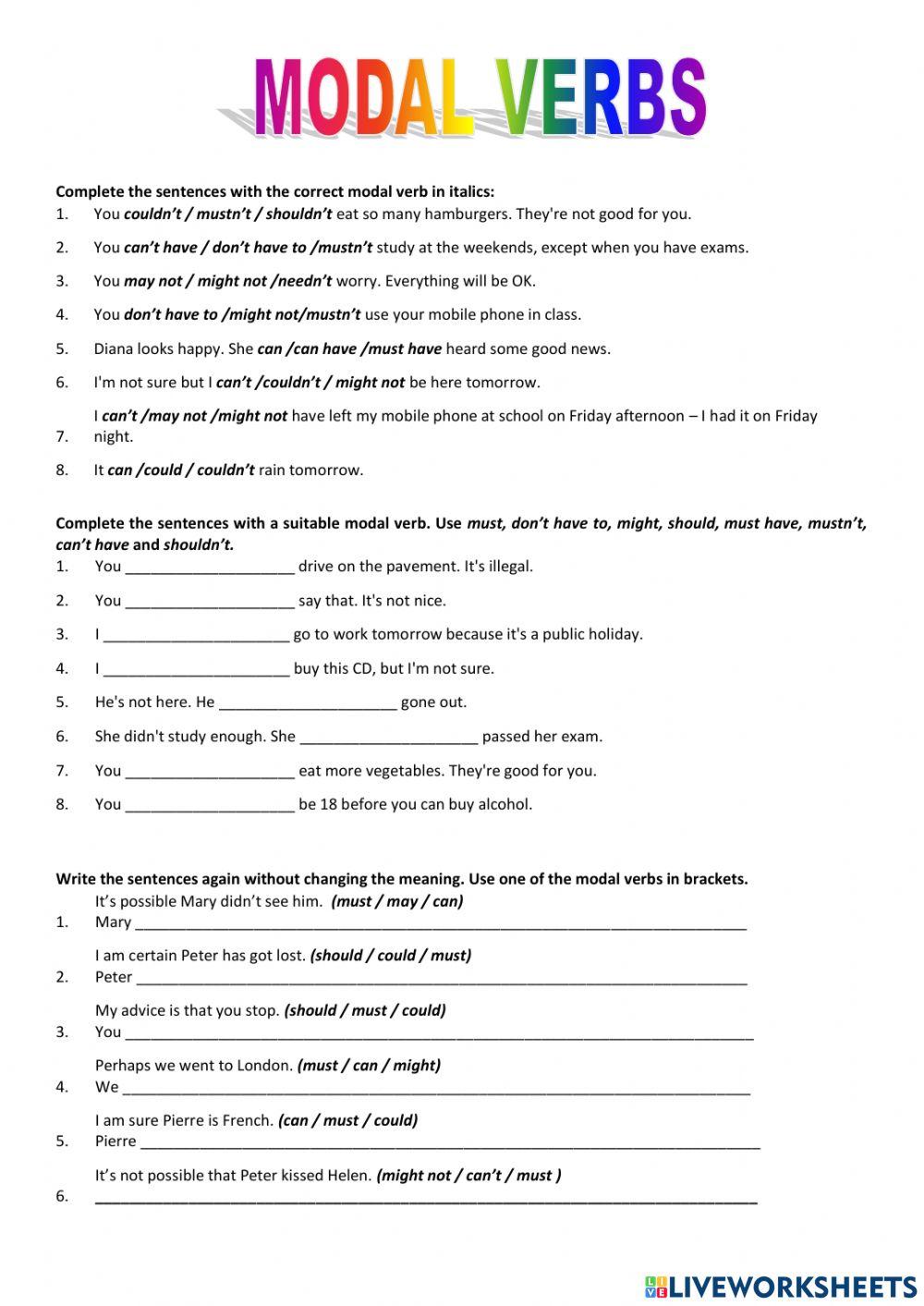 Modal verbs - obligation and deduction online exercise for | Live ...