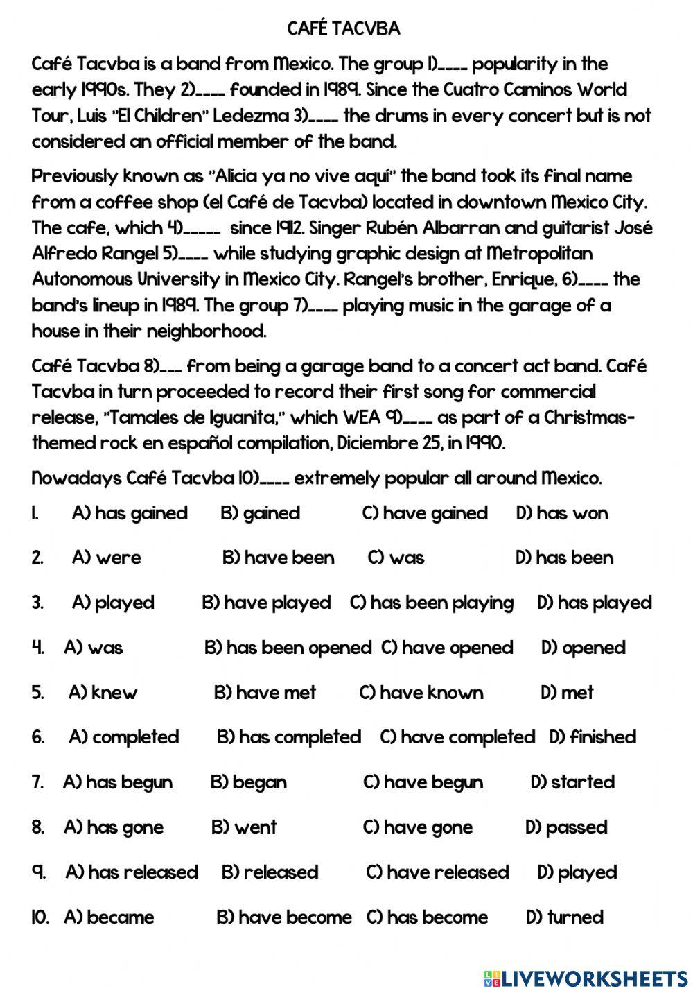 Café Tacvba Va6Cl1 worksheet | Live Worksheets