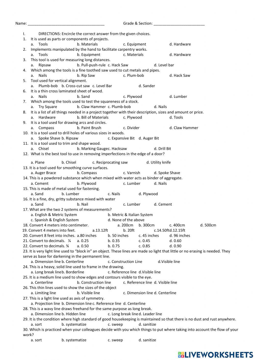 SECOND QUARTER SUMMATIVE TEST IN CARPENTRY EXPLORATORY online exercise ...