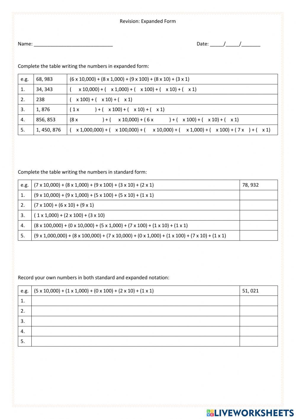 Revision: Expanded Form worksheet | Live Worksheets