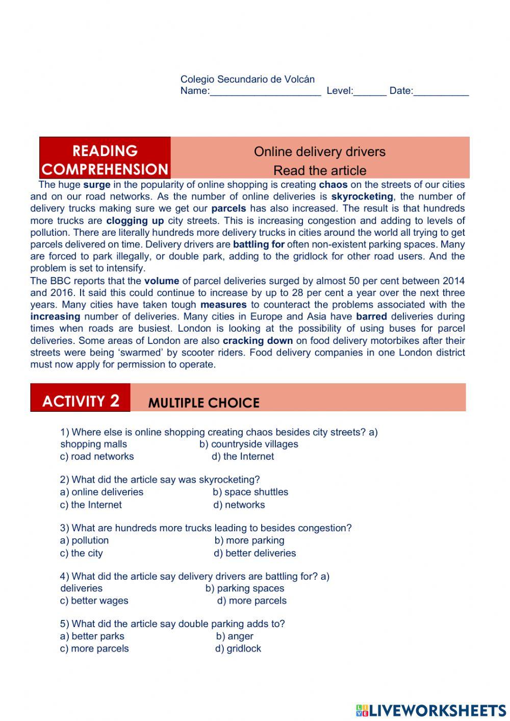 Online delivery drivers (Reading) online exercise for | Live Worksheets