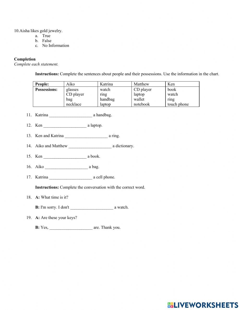 Unit 4 possessi… | Free Interactive Worksheets | 1860134