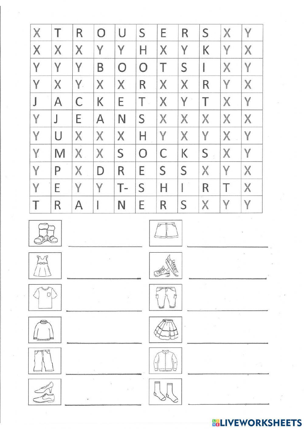 Clothes wordsearch online worksheet for grade 2 | Live Worksheets