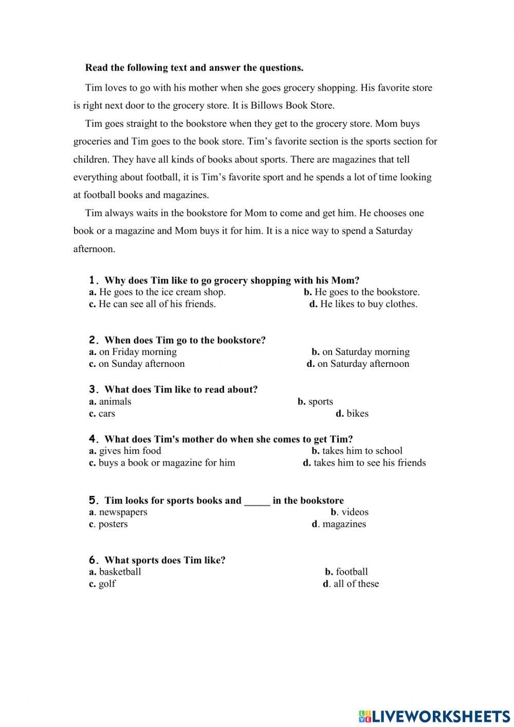 Reading Comprehension online exercise for 4 grade | Live Worksheets