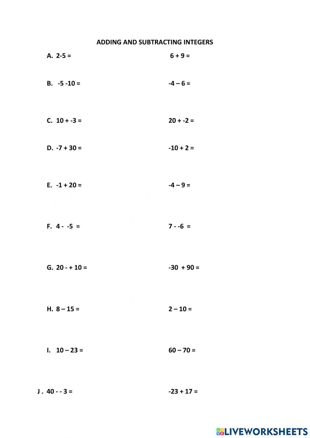 Adding And Subtracting Integers Worksheet Live Worksheets Adding And Subtracting Integers Worksheet Live Worksheets