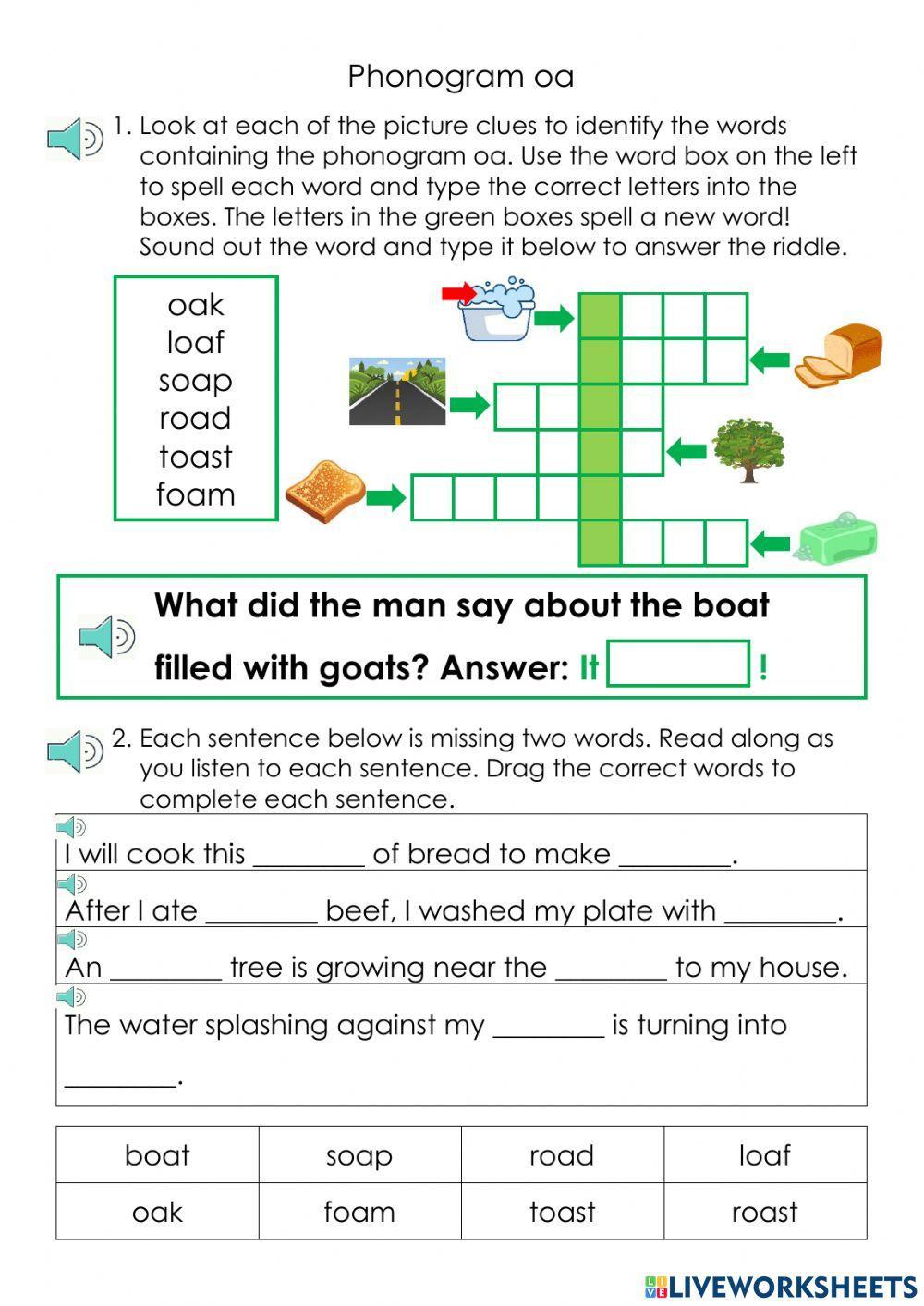 Phonogram oa worksheet | Live Worksheets