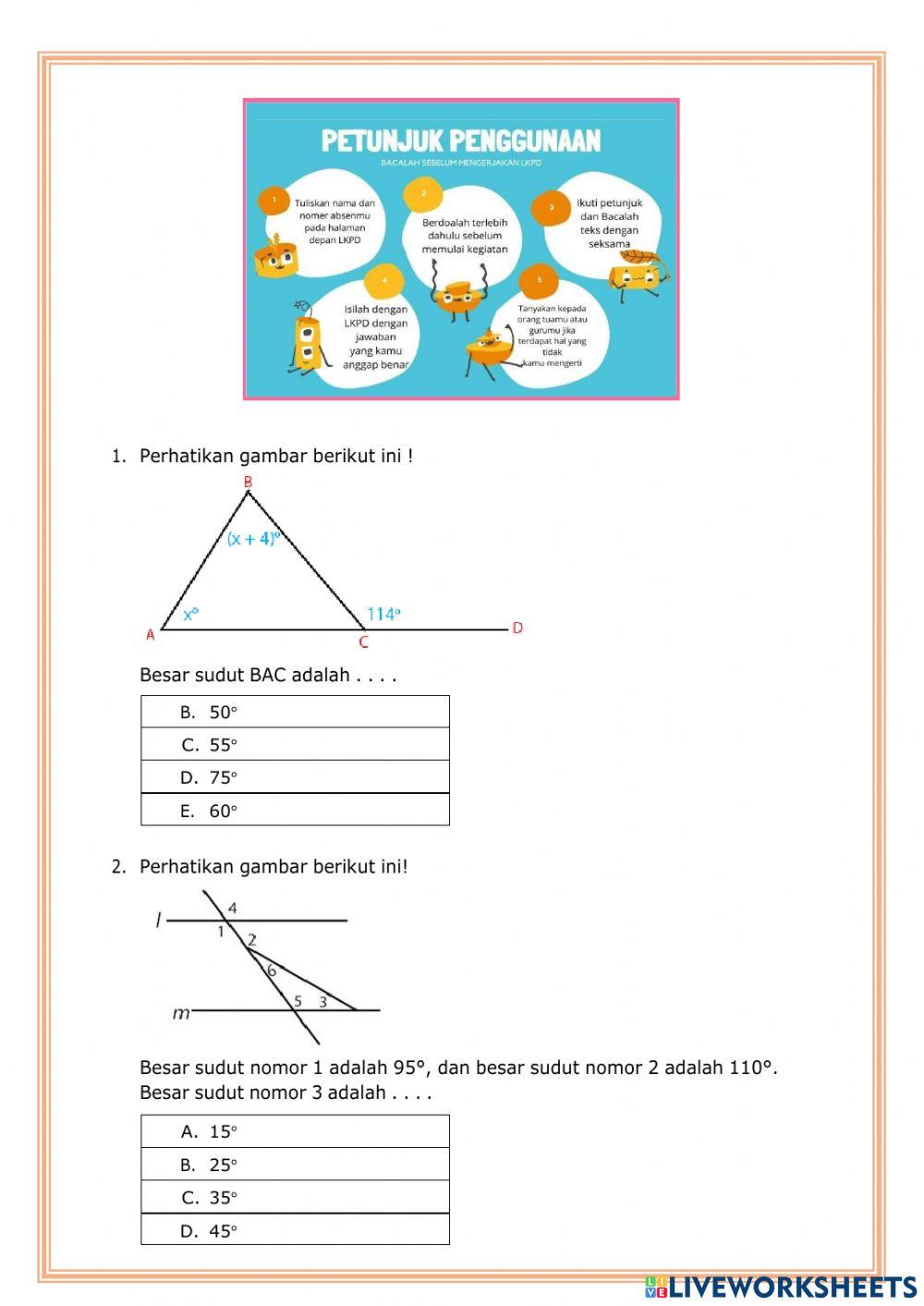 Garis dan Sudut activity for 7 | Live Worksheets