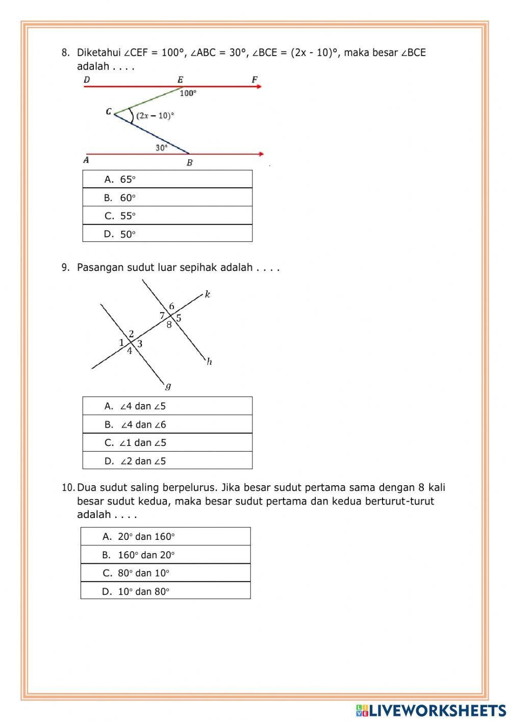 Garis dan Sudut activity for 7 | Live Worksheets
