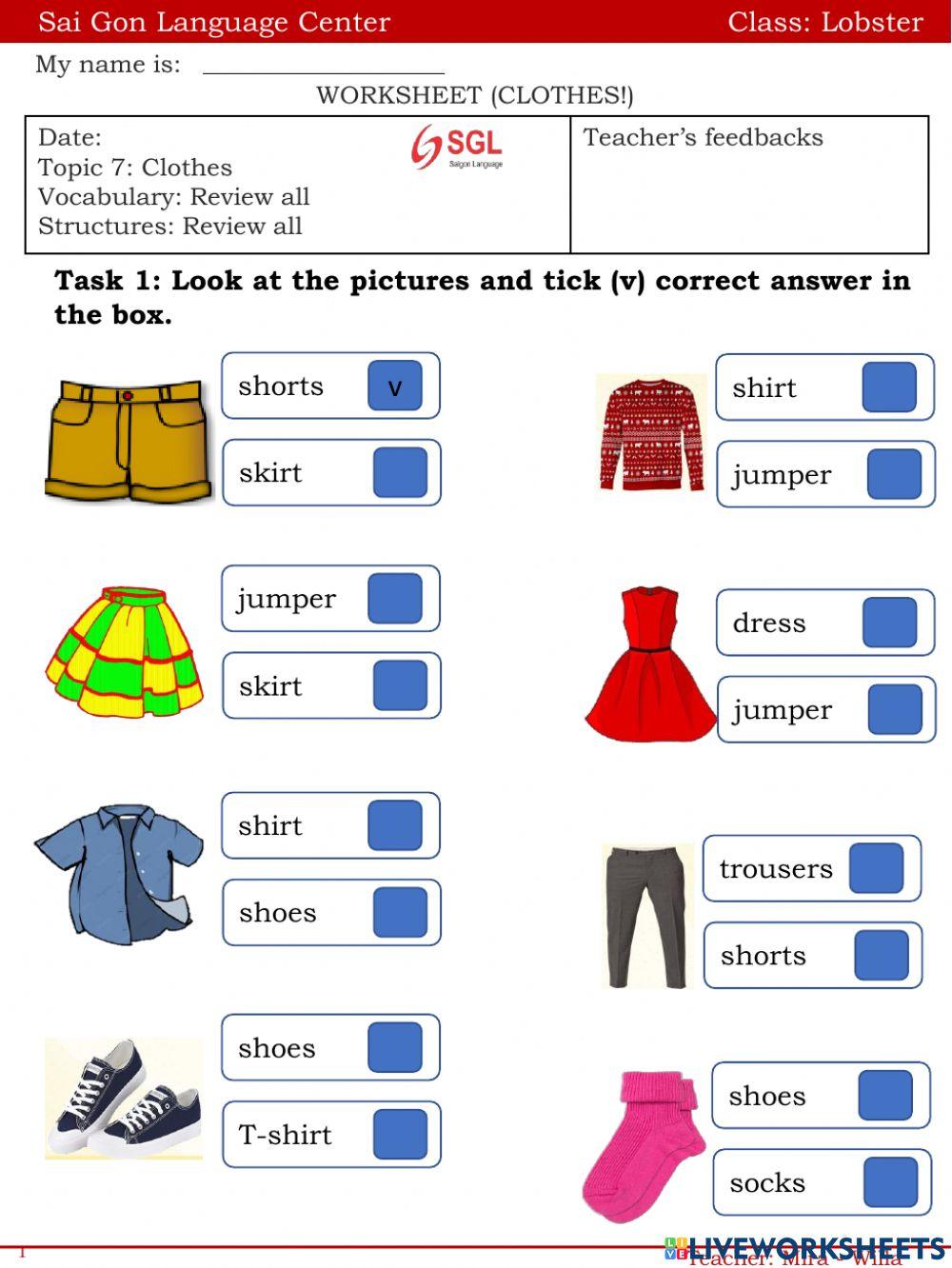 Clothes online exercise for Grade 1 - 2 (Class: Lobster) | Live Worksheets