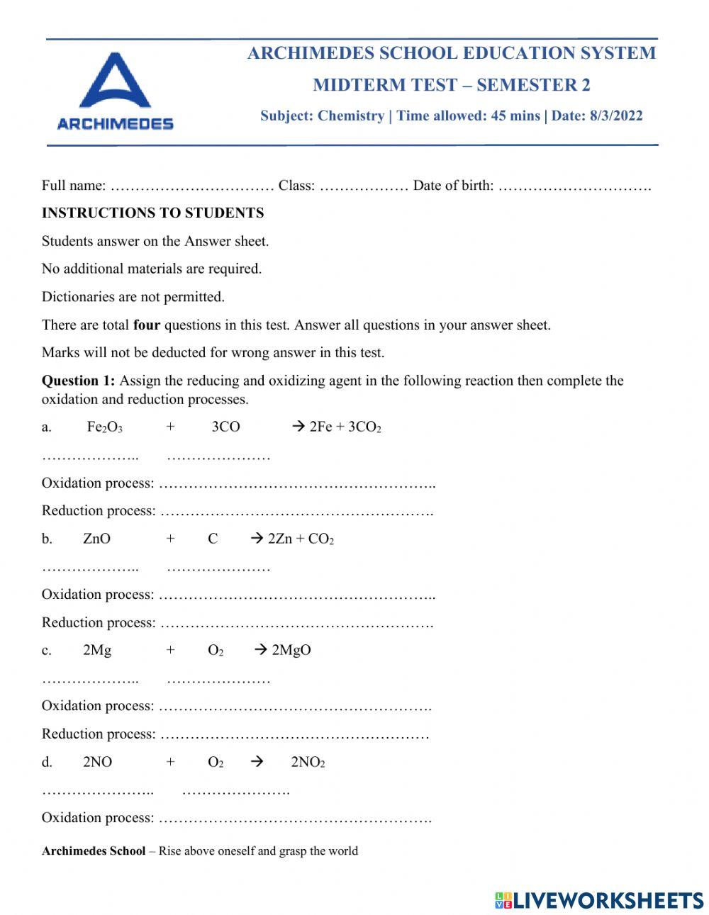Midterm test - Semester 2 - Chemisrtry 8 worksheet | Live Worksheets