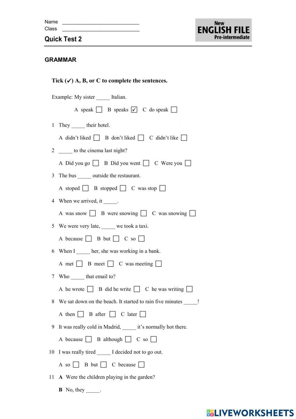 Preintermidiate quick test 2 worksheet | Live Worksheets