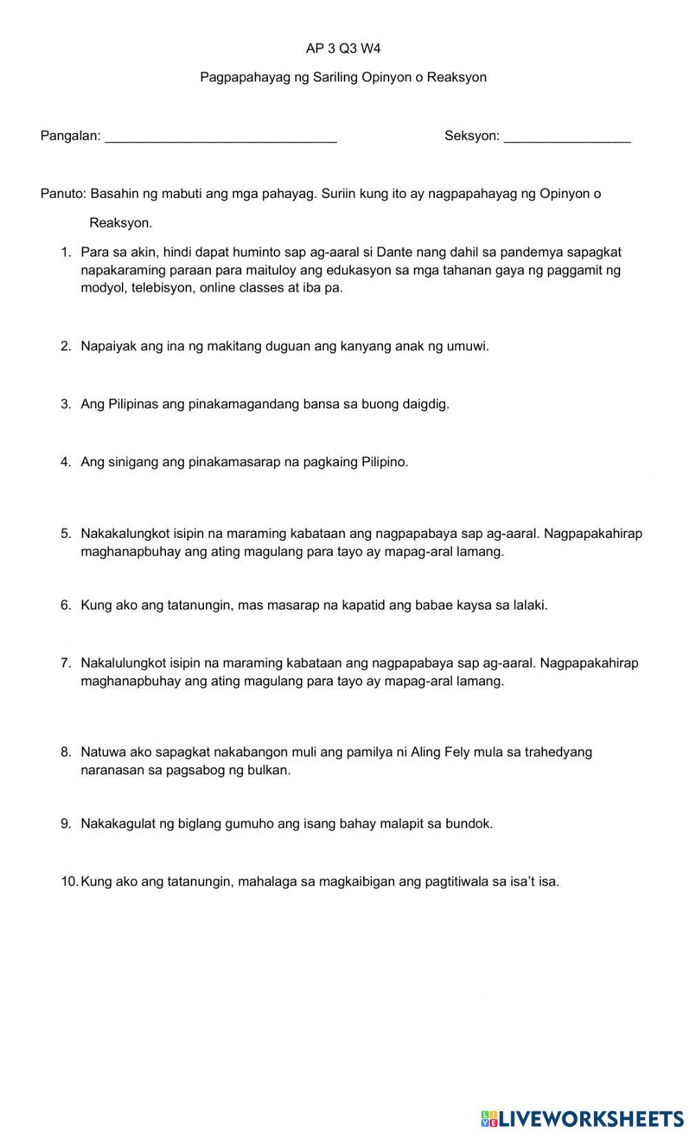 Pagbibigay Ng Opinyon At Reaksyon Worksheets Opinyon At Reaksyon
