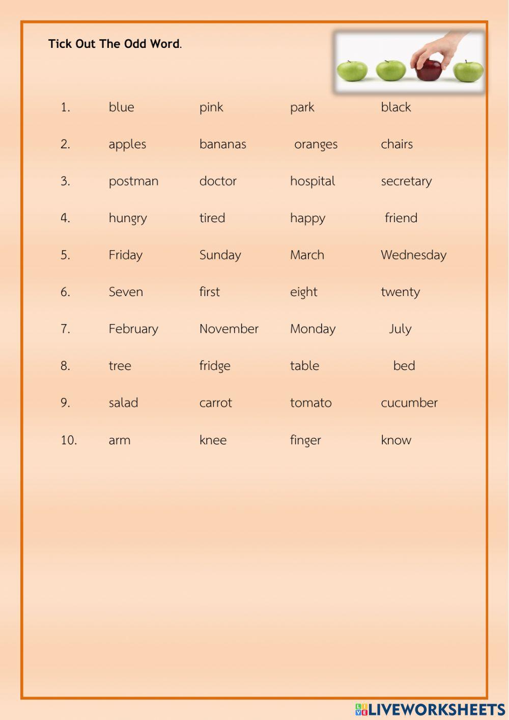 Odd words worksheet | Live Worksheets