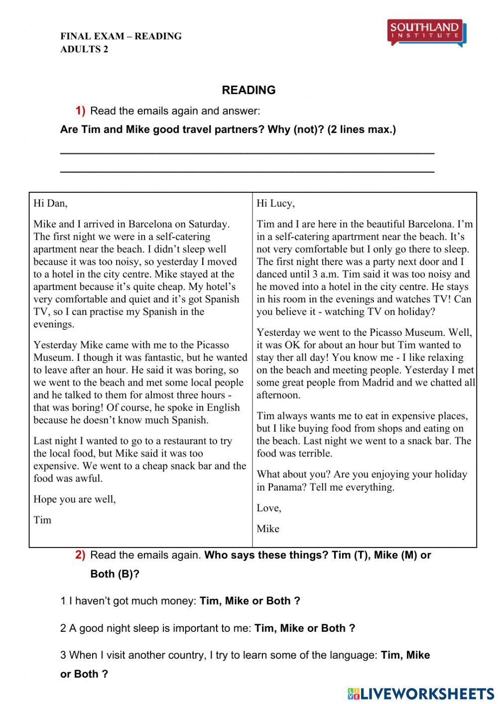 Adults 2 - Reading - Final Exam - 2023 1928110 | Noelia