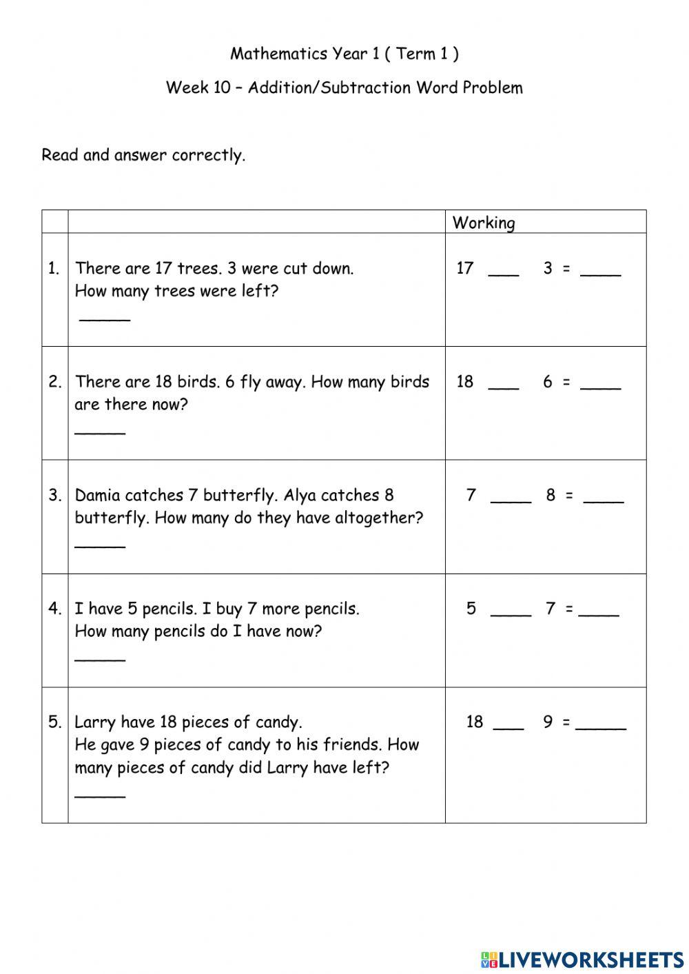 Week 10 Word Problem worksheet | Live Worksheets