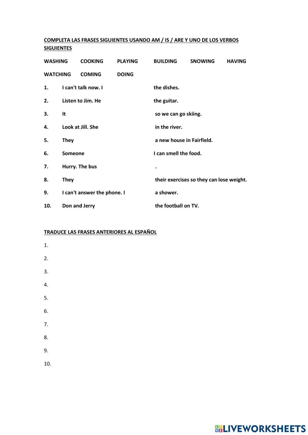 Presente continuo free online worksheet | Live Worksheets