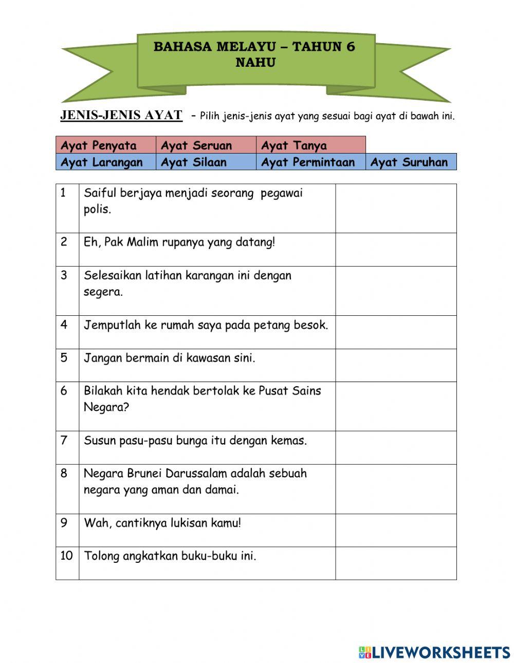 Jenis-jenis ayat online practice | Live Worksheets