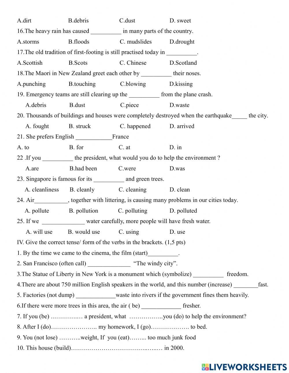 Y8 Mid term 2 - revision - verb tenses 1929621 | Le Hai