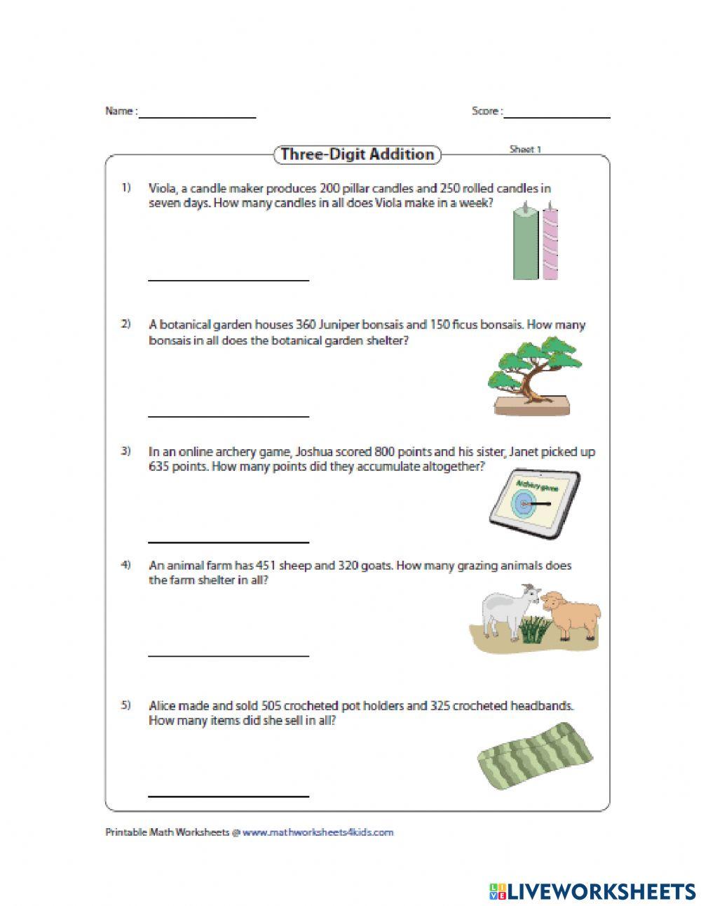 Mathematics - 3 digits addition online exercise for | Live Worksheets