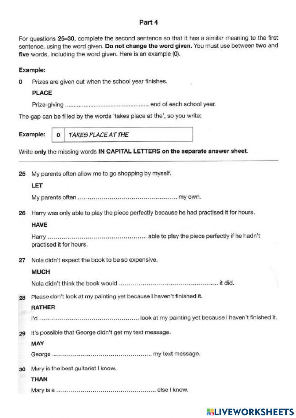 FCE TEST 6 USE OF ENGLISH (FCE FOR SCHOOLS 2) online exercise for ...