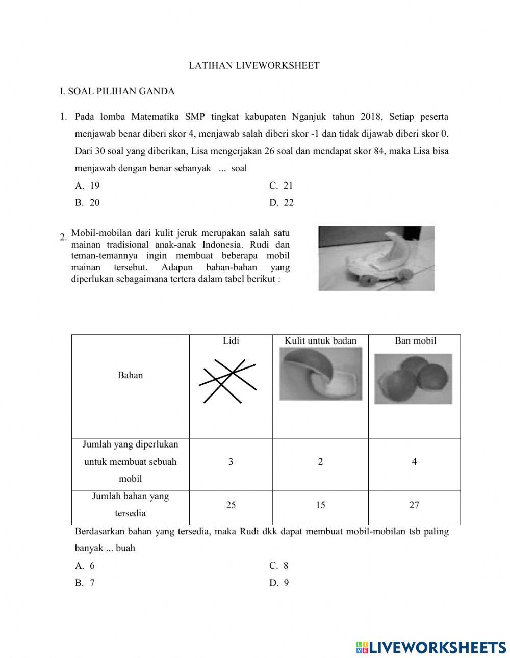 Latihan Soal Ujian Sekolah Liveworksheet worksheet | Live Worksheets