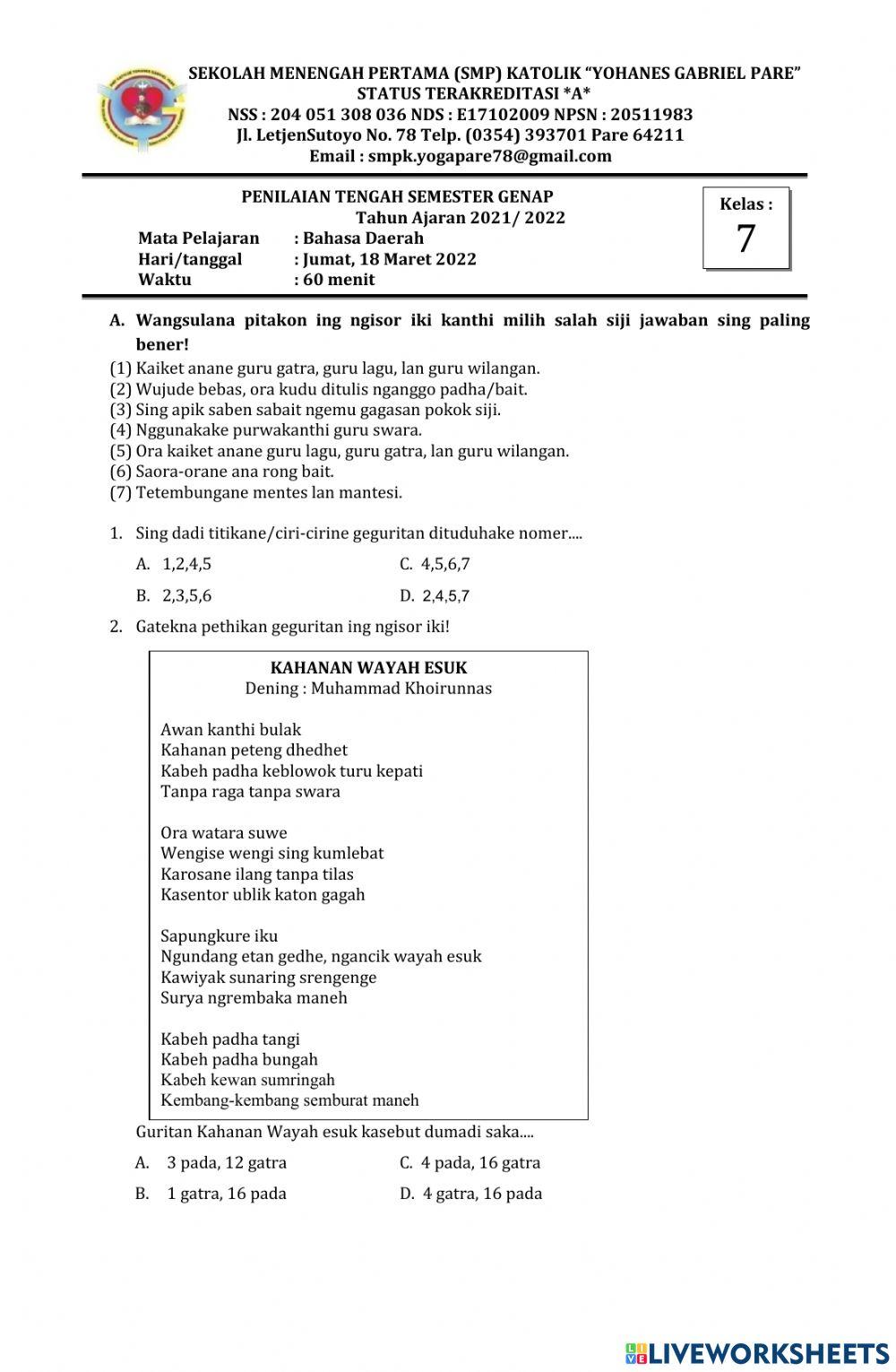 Pts basa jawa VII worksheet | Live Worksheets
