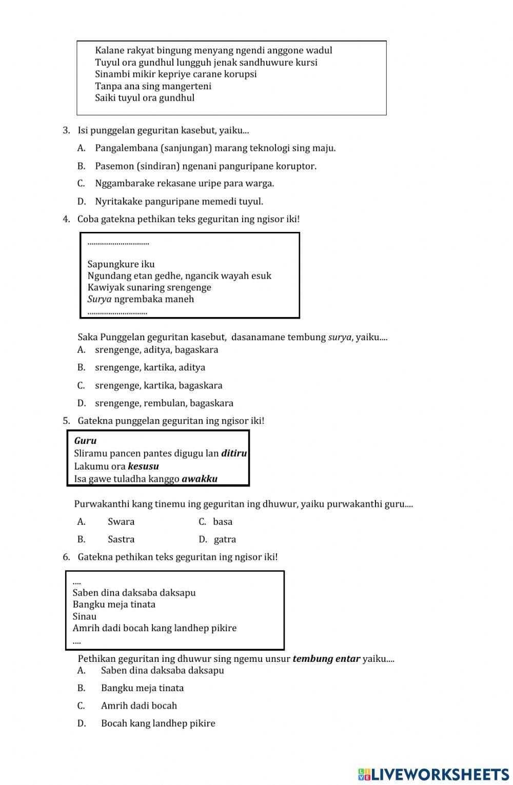 Pts basa jawa VII worksheet | Live Worksheets