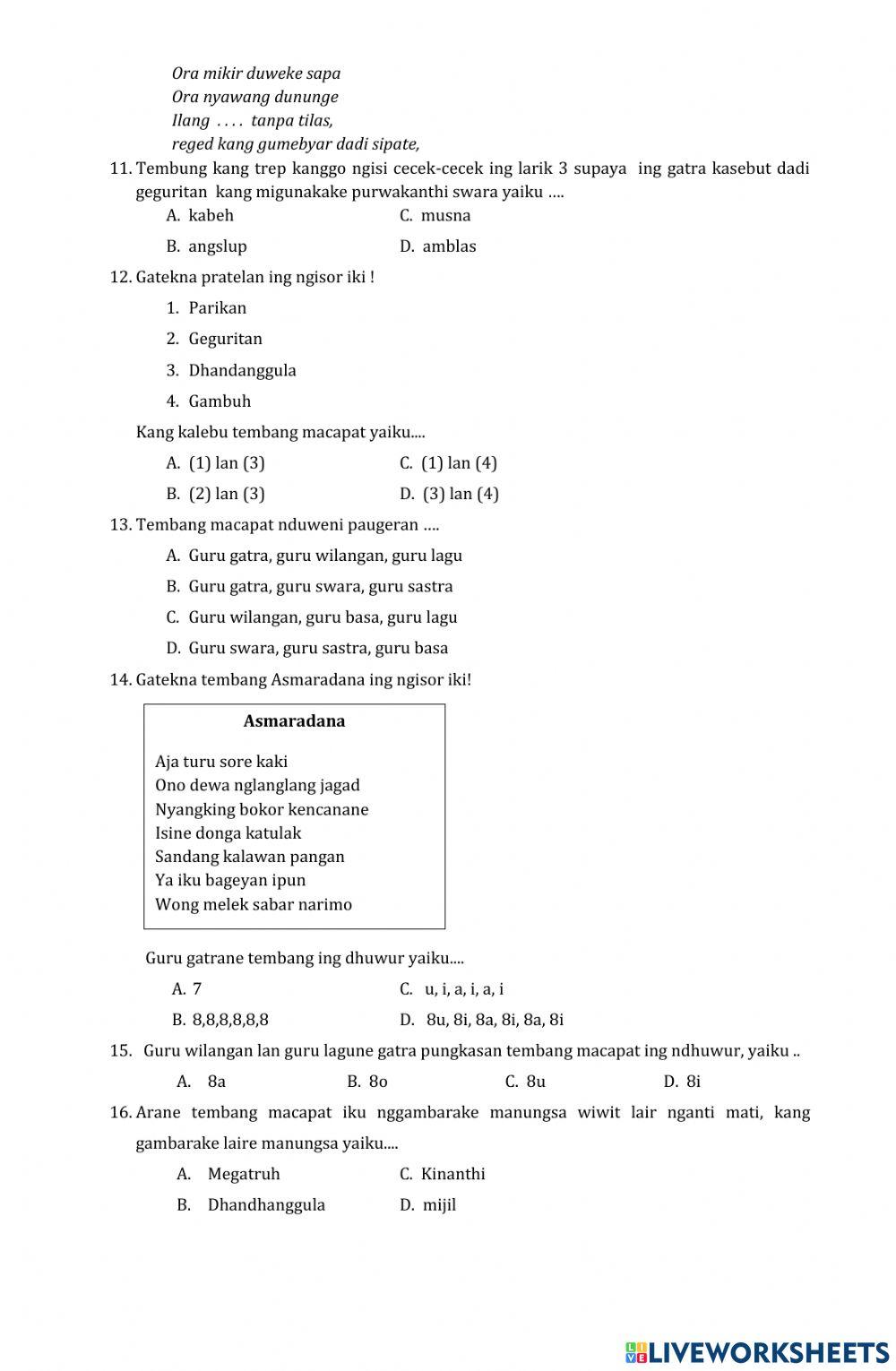 Pts basa jawa VII worksheet | Live Worksheets