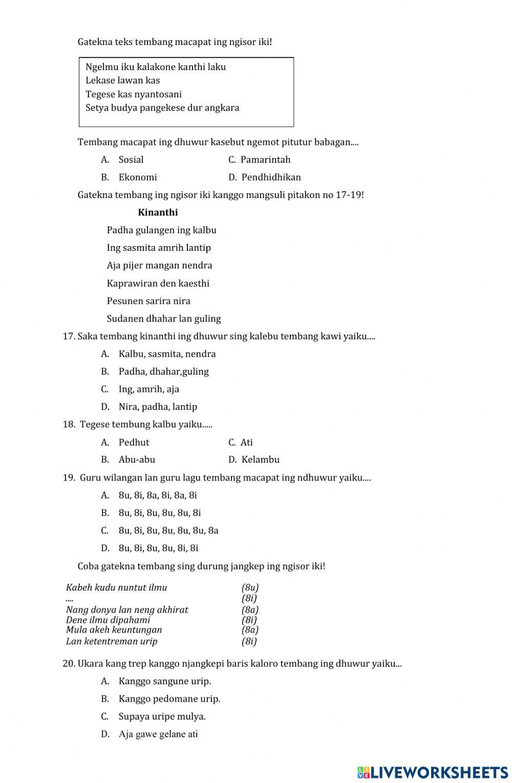 Pts basa jawa VII worksheet | Live Worksheets