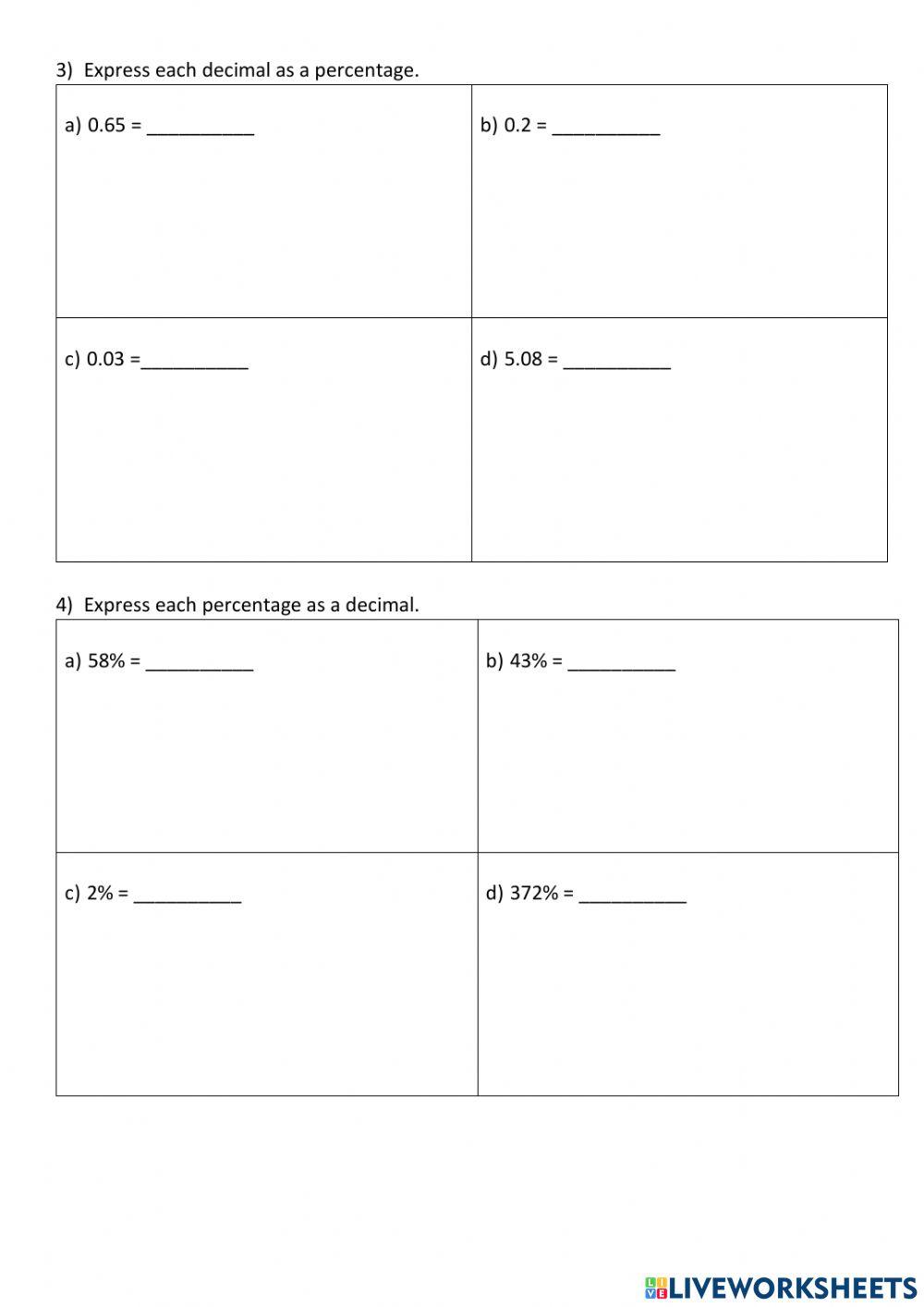Conversion of Percentages worksheet | Live Worksheets