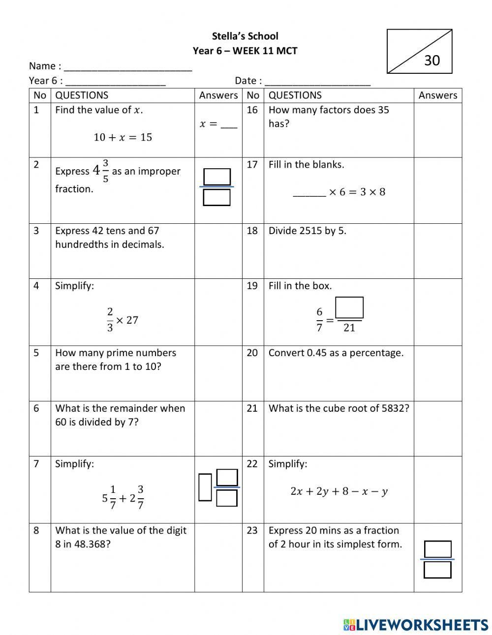 MCT Week 11 | Free Interactive Worksheets | 1930937