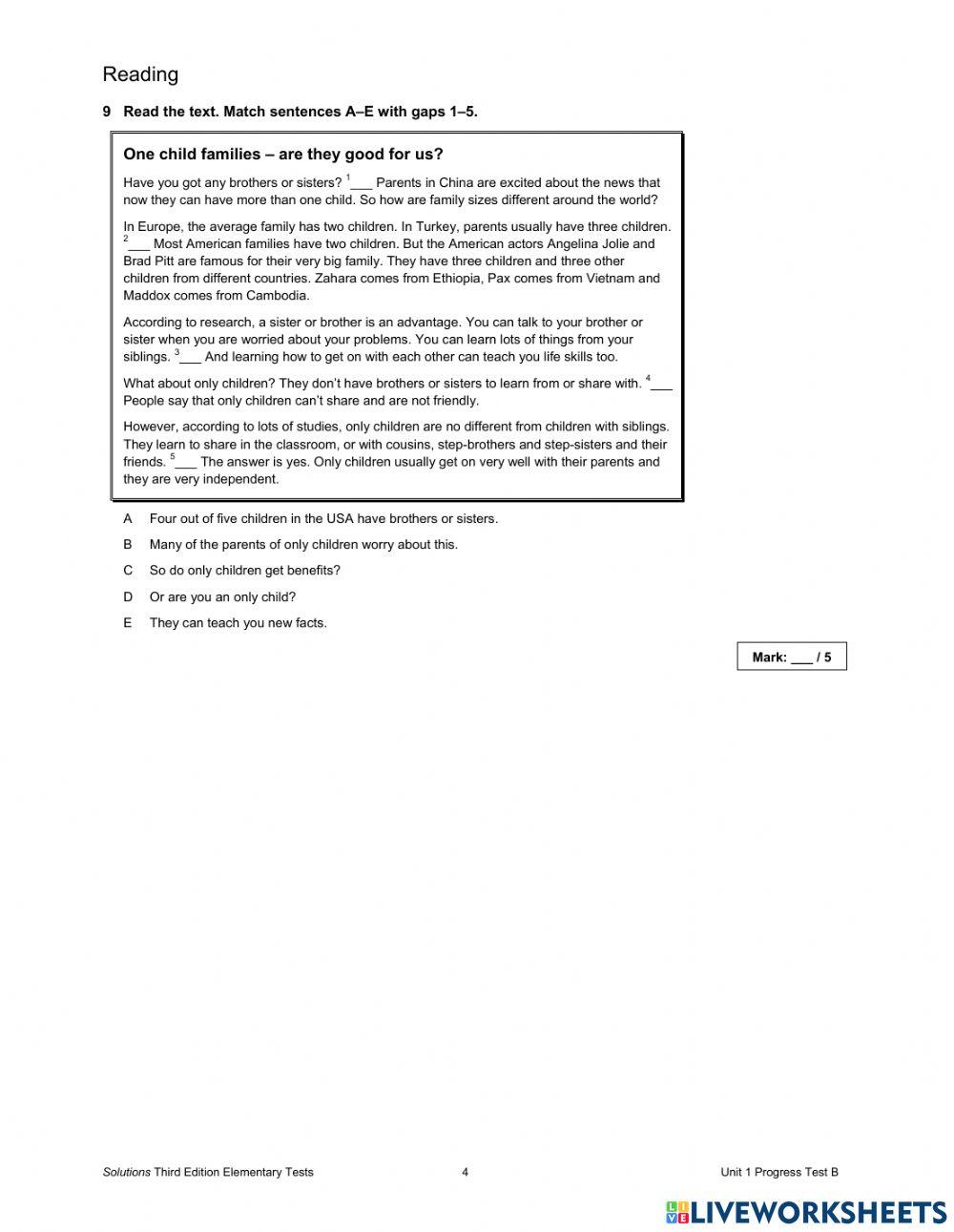 Solutions Elementary TEST B unit 1 online exercise for | Live Worksheets