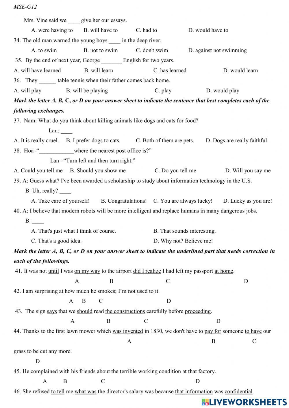 Grammar - revision 2- mid-second term worksheet | Live Worksheets