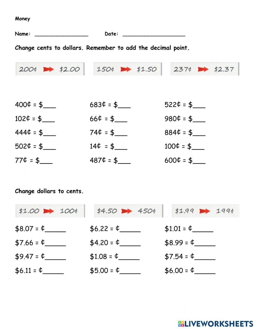 Math dollars an… | Free Interactive Worksheets | 1931406